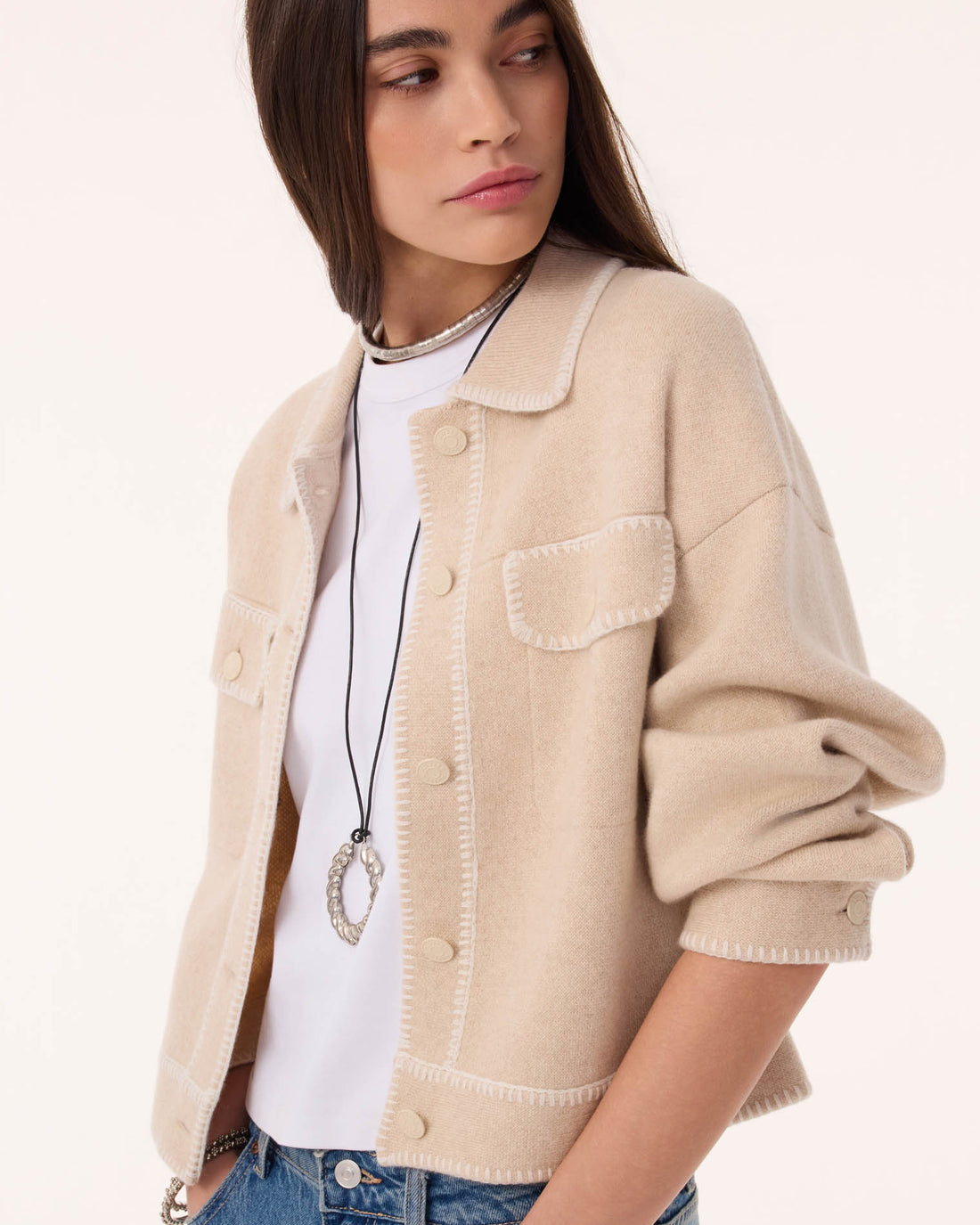 Organic Contrast Stitching Cashmere Jacket | Kujten Cashmere