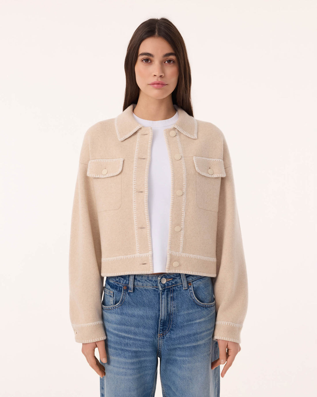 Organic Contrast Stitching Cashmere Jacket | Kujten Cashmere